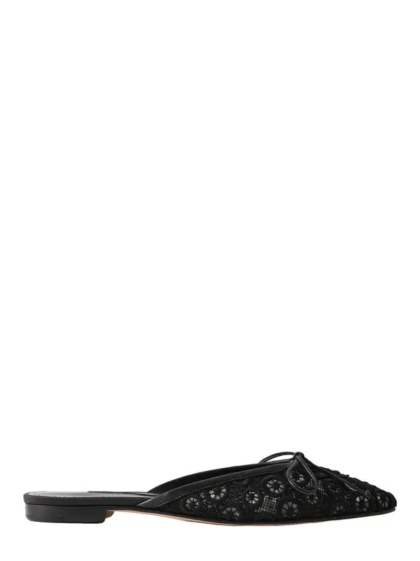 Manolo Blahnik Ballerimu Leather-trimmed Lace Flats With Bow Detailing - Black