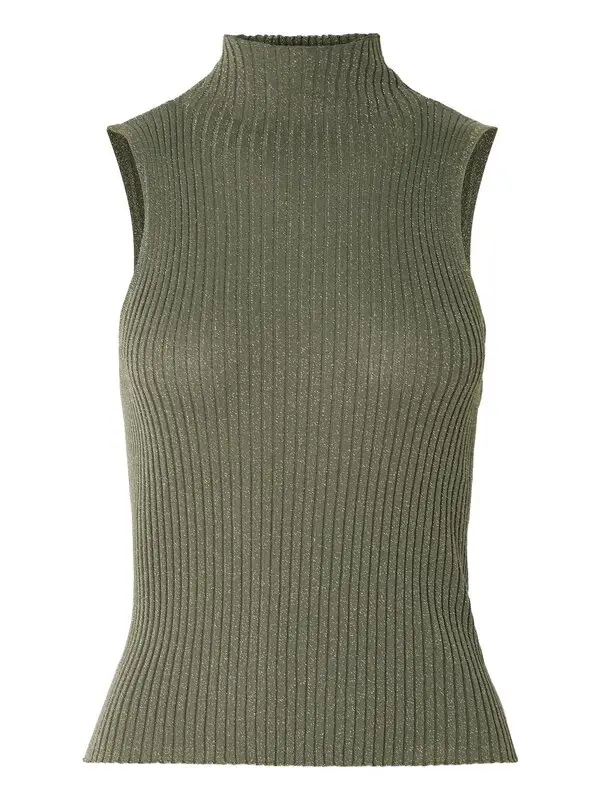 LESET Blake Ribbed Lurex Turtleneck Top - Green