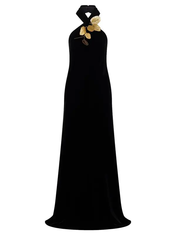 Oscar De La Renta Embellished Velvet Halterneck Gown - Black