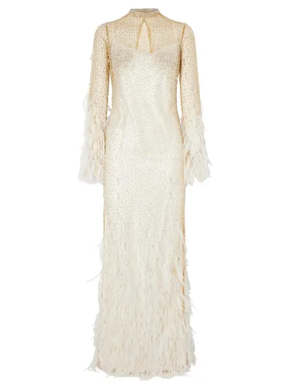 CLIO PEPPIATT Mia Embellished Feather-trimmed Tulle Gown - Neutrals