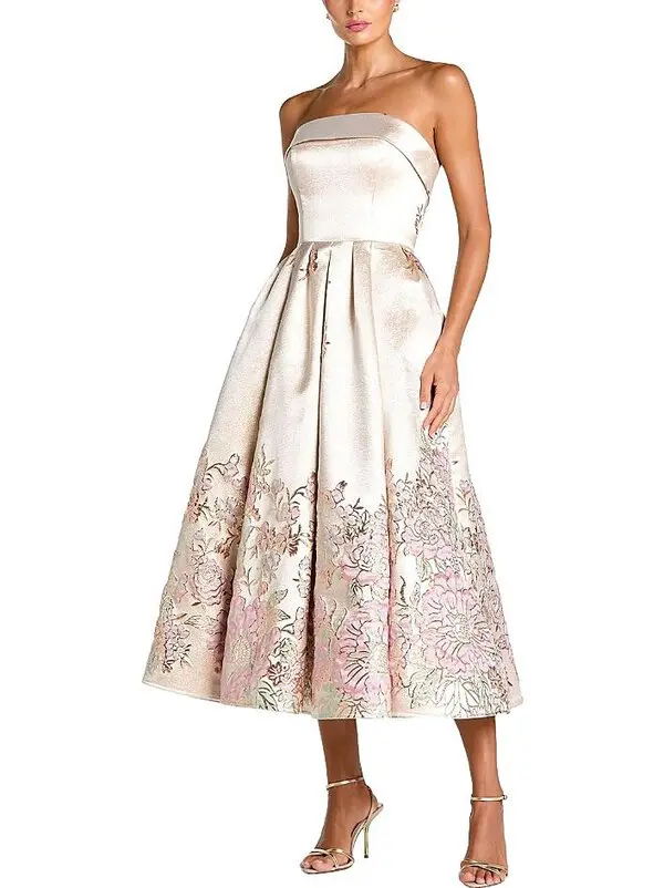 Mac Duggal Strapless Brocade A-line Midi Dress - Champagne Multi