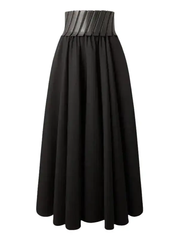 Alaïa Leather-trimmed Wool-gabardine Midi Skirt - Black