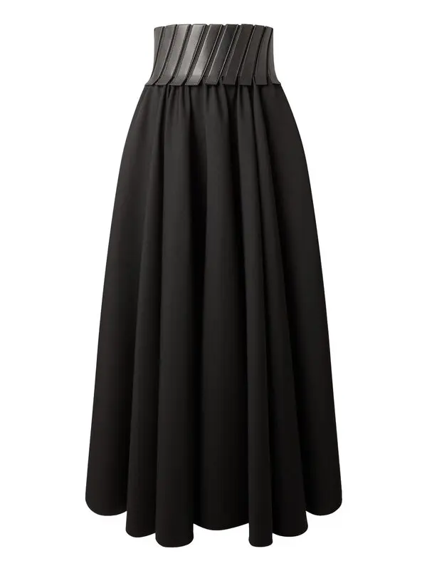 Alaïa Leather-trimmed Wool-gabardine Midi Skirt - Black