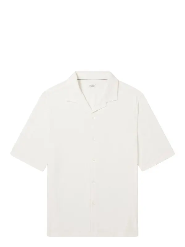 Brunello Cucinelli Camp-collar Herringbone Cotton And Silk-blend Shirt - White