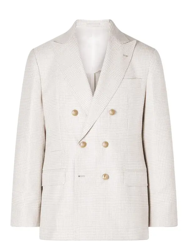 Brunello Cucinelli Double-breasted Prince Of Wales Checked Wool-blend Blazer - Neutrals