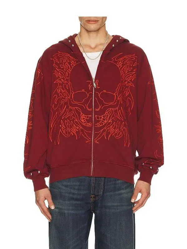 REVENGE Tribal Skull Studded Zip Hoodie - Red