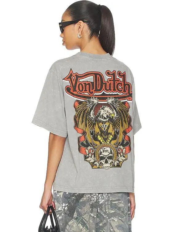 VON DUTCH Eagle Skull Boxy Crop Tee - Grey Mineral Wash