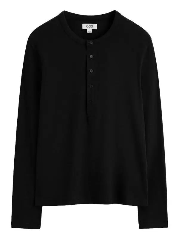 Cos Slim Ribbed Cotton Long-sleeved Henley T-shirt - Black