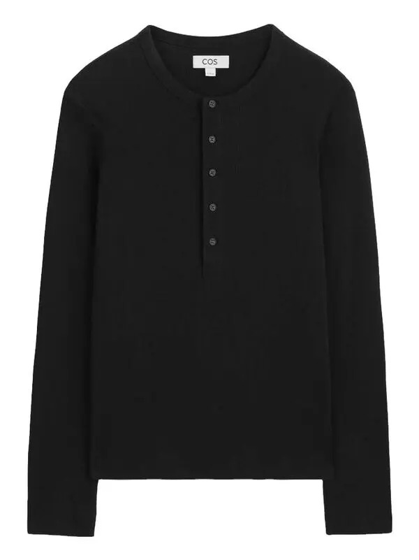 Cos Slim Ribbed Long Sleeve Henley T-shirt - Black