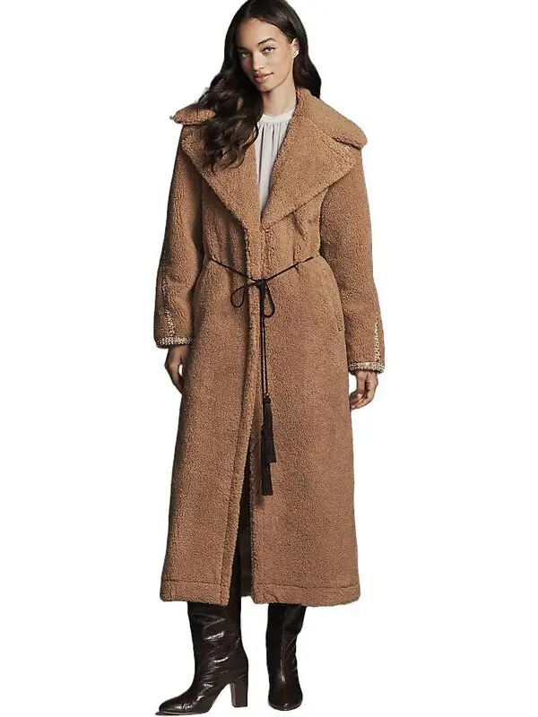 Avec Les Filles Beaded Belted Faux Fur Coat - Camel