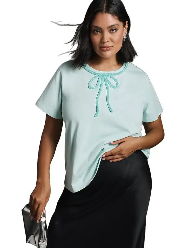 English Factory Beaded Bow Cotton T-shirt Top - Mint