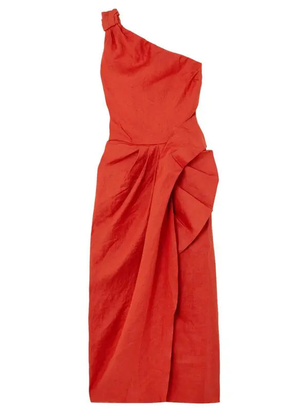 Johanna Ortiz Salsero One-shoulder Knotted Ruffled Draped Linen Midi Dress - Red