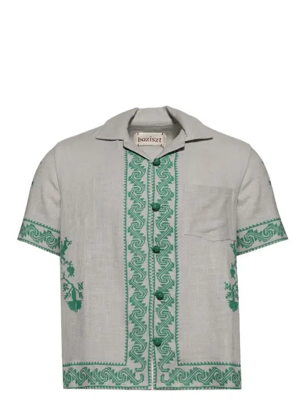 BAZISZT Tulum Short Sleeve Shirt Emerald - White