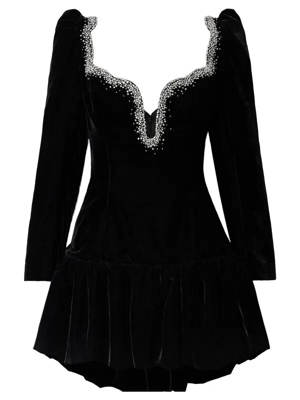 CLIO PEPPIATT Edie Embellished Scalloped Velvet Mini Dress - Black