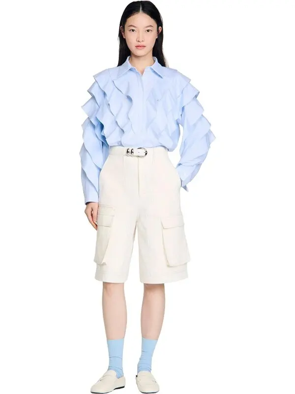 Sandro Ruffled Cotton Shirt - Sky Blue