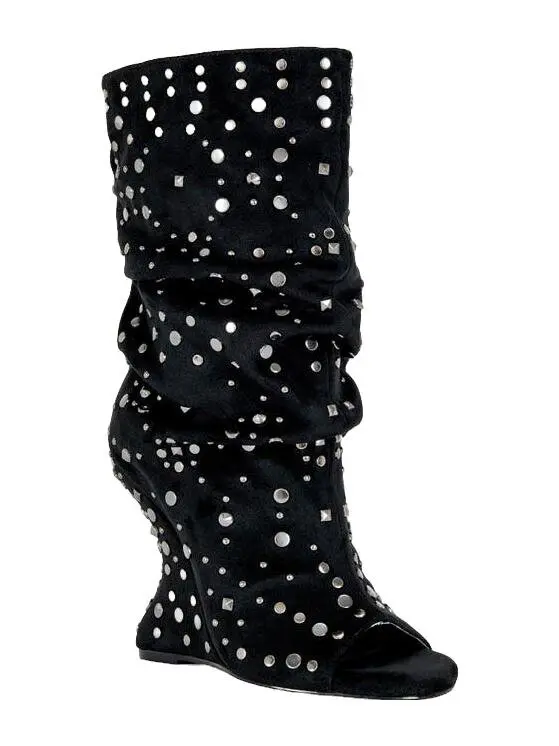 AZALEA WANG Naomani Studded Wedge Bootie - Denim