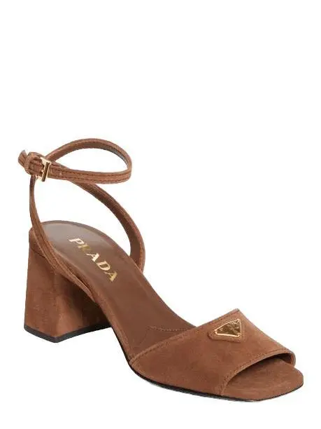 Prada Block Heel Ankle Strap Sandal - Brown