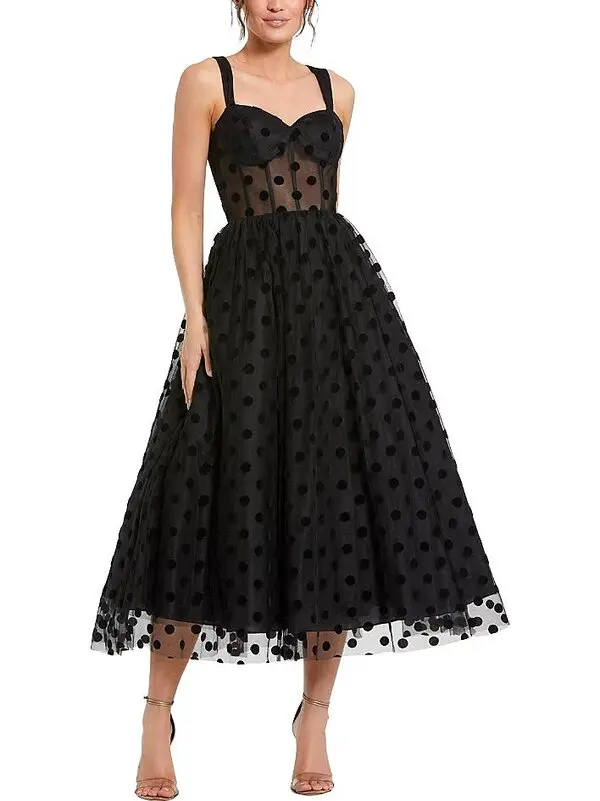 Mac Duggal Polka Dot Net Bustier A-line Midi Dress - Black