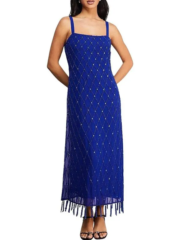 WAREHOUSE Hand Embellished Fringe Hem Midi Dress - Cobalt