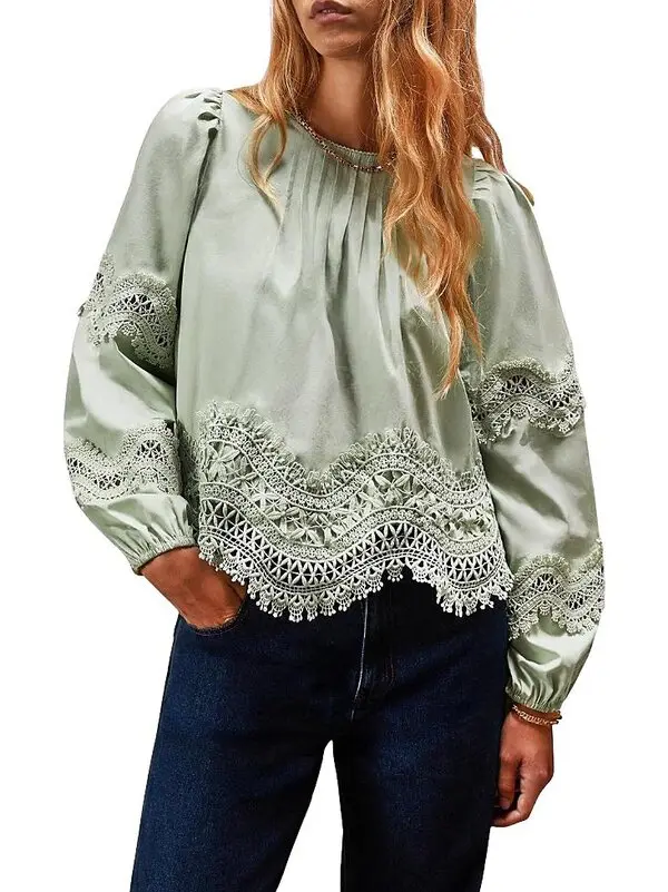 RO&ZO Lace Insert Long Sleeve Blouse - Green
