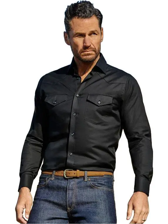 David Donahue Trim Fit Cotton Twill Button-up Western Shirt - Black