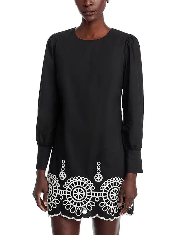 KOKO + MASON Embroidered Long Sleeve Mini Dress - Black/ White