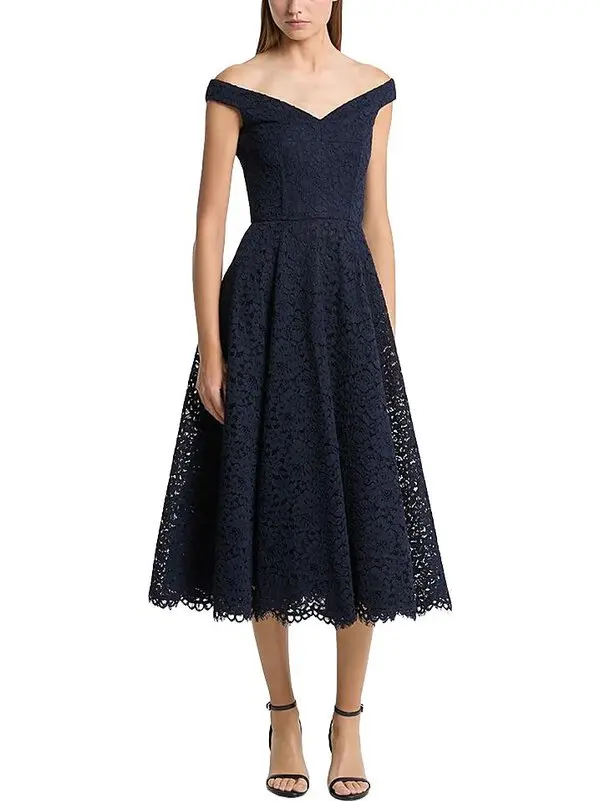 Michael Kors Off-the-shoulder Lace Midi Dress - Midnight