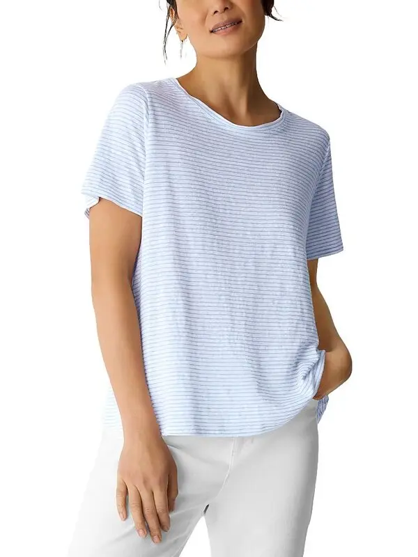 Eileen Fisher Linen Striped Crewneck Tee - Sky Light