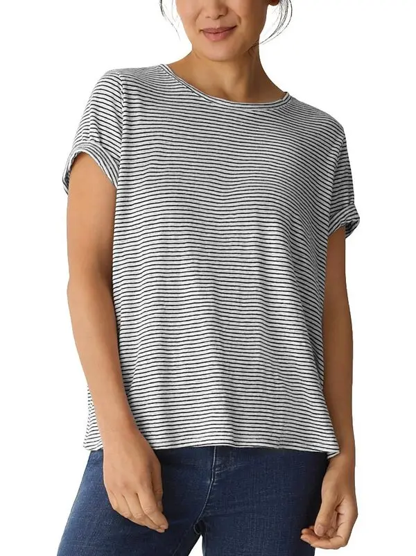 Eileen Fisher Linen Striped Crewneck Tee - White/black