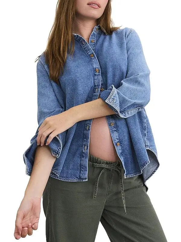 Hatch Collection Drapey Denim Maternity Boyfriend Shirt - Vintage Dream Blue