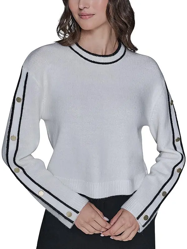 Karl Lagerfeld Paris Striped Sleeve Crewneck Sweater - Soft White