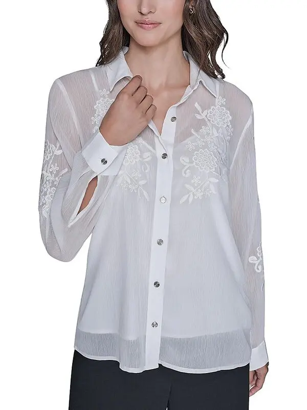 Karl Lagerfeld Paris Long Sleeve Embroidered Floral Blouse - Soft White