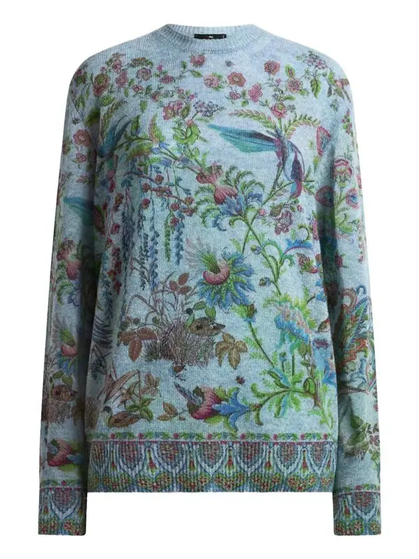 Etro Flora Fauna-motif Crew-neck Sweater - Blue