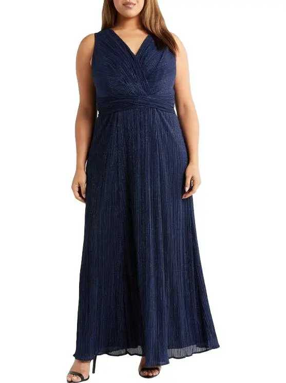 Alex Evenings Shimmer Mesh Sleeveless Gown - Navy
