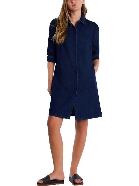 WASH LAB DENIM Puff Sleeve Shirt Dress - Navy Blue