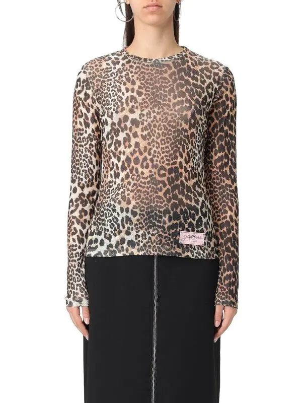 GANNI Long Sleeve Leopard Print Mesh Top - Brown
