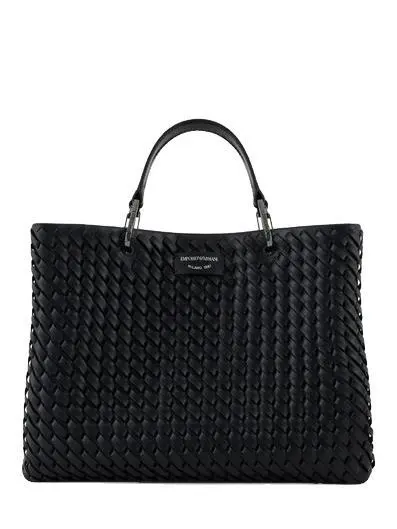 Emporio Armani Myea Medium Shopper Bag In Interwoven Leather - Black