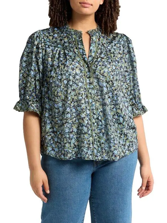 Wit & Wisdom Ruffle Lace Floral Print Top - Black/ Deep Seagrass Multi