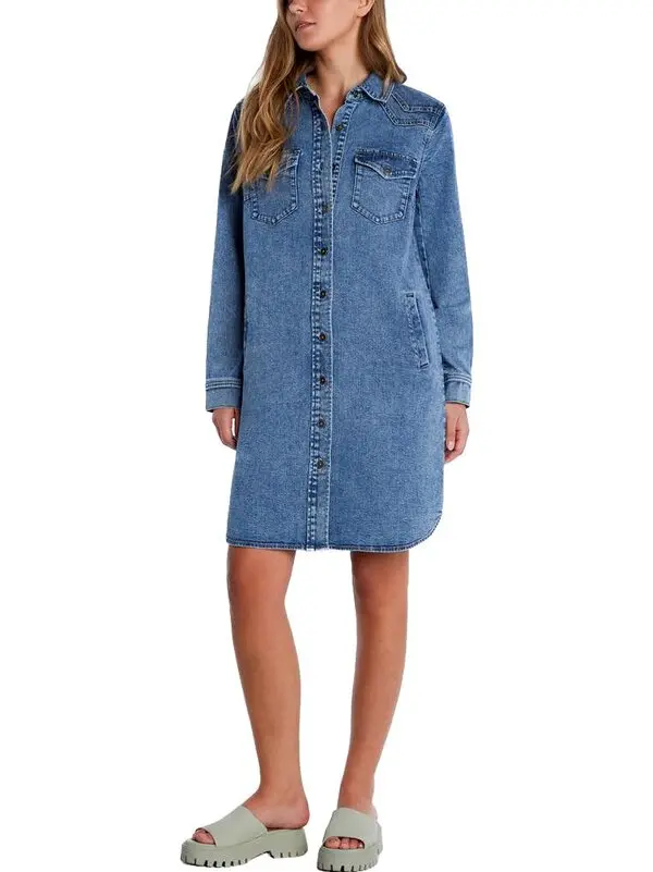 WASH LAB DENIM Long Sleeve Shirtdress - Clear Blue