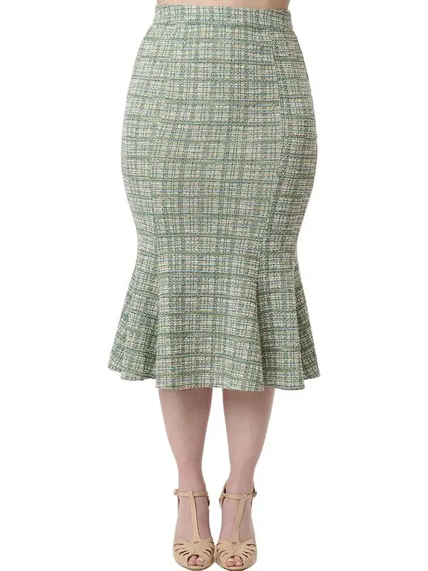 Unique Vintage Boucle Trumpet Skirt By - Green Plaid
