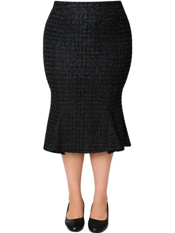 Unique Vintage Boucle Trumpet Skirt - Black Solid