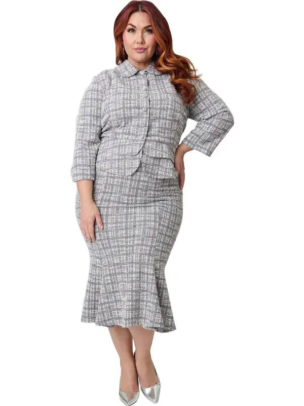 Unique Vintage Boucle Trumpet Skirt - Lavender Plaid Boucle