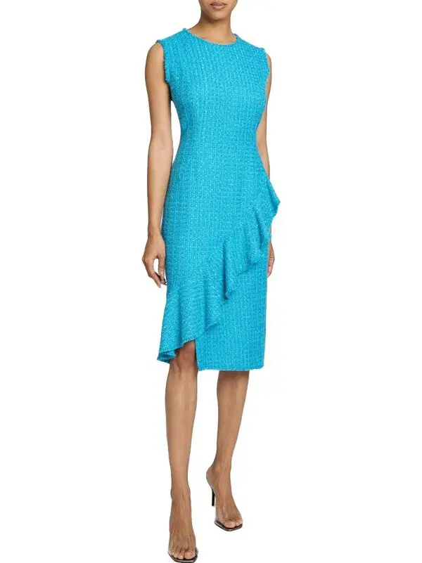 Santorelli Cami Tweed Sheath Dress With Ruffle - Aquamarine