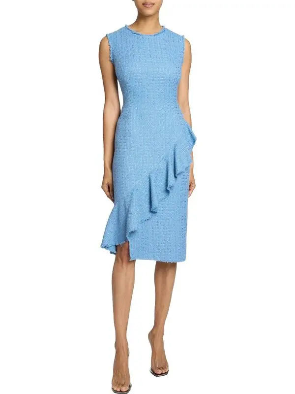 Santorelli Cami Tweed Sheath Dress With Ruffle - Marine Blue