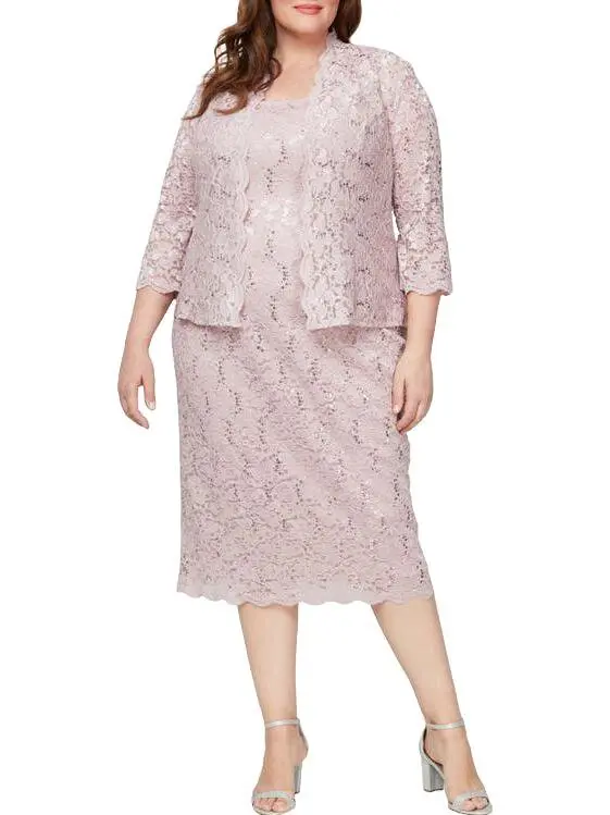 SL FASHIONS Floral Lace Sequin Cardigan & Dress Set - Blush