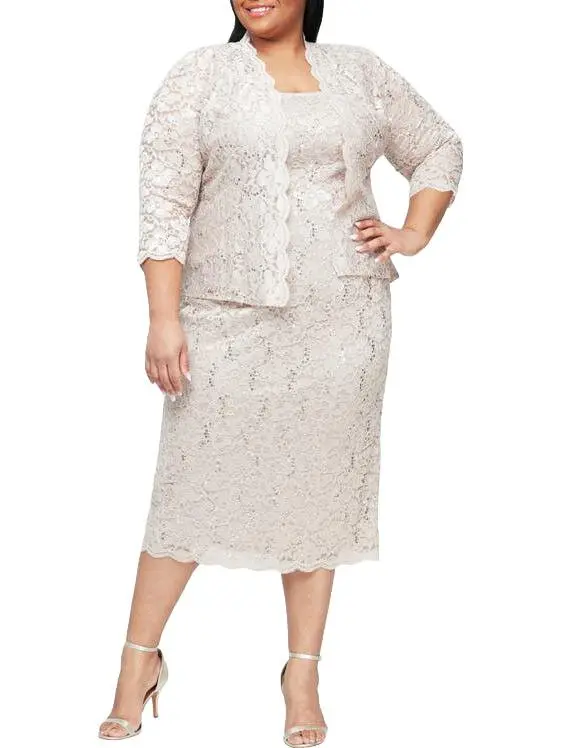 SL FASHIONS Floral Lace Sequin Cardigan & Dress Set - Champagne
