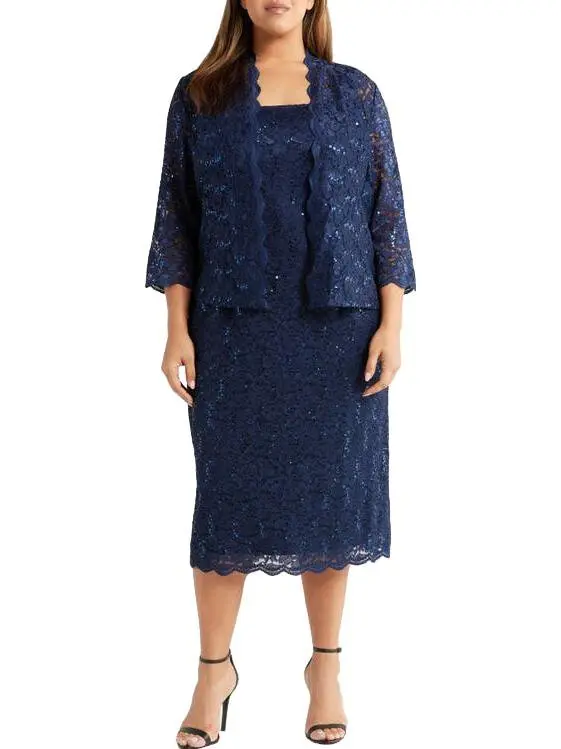 SL FASHIONS Floral Lace Sequin Cardigan & Dress Set - Navy
