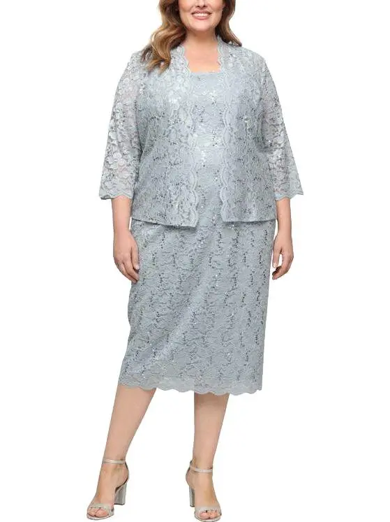 SL FASHIONS Floral Lace Sequin Cardigan & Dress Set - Sage