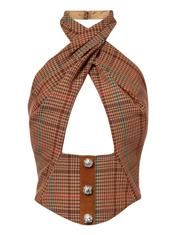 AREA Checked Halterneck Wool-blend Top - Brown