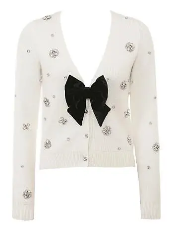 House Of Cb Crystal-embellished Knitted Cardigan With Velvet Bow - Ivory